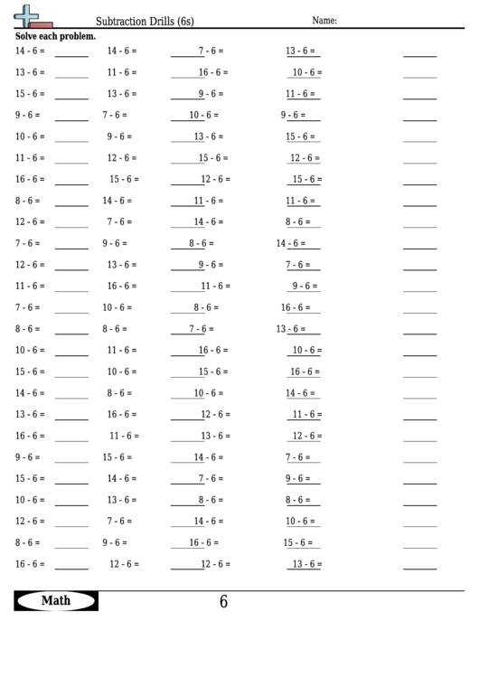 Subtraction Drills (6s) - Subtraction Worksheet With Answers printable ...