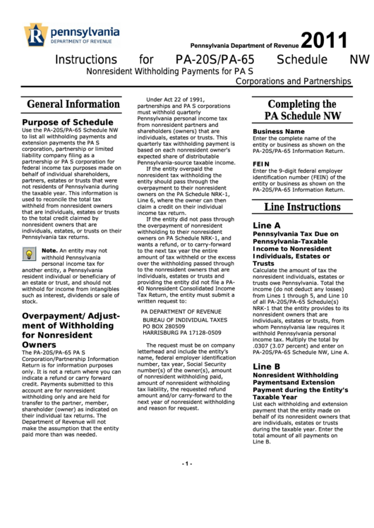 Instructions For Form Pa-20s/pa-65 - Schedule Nw - Nonresident ...