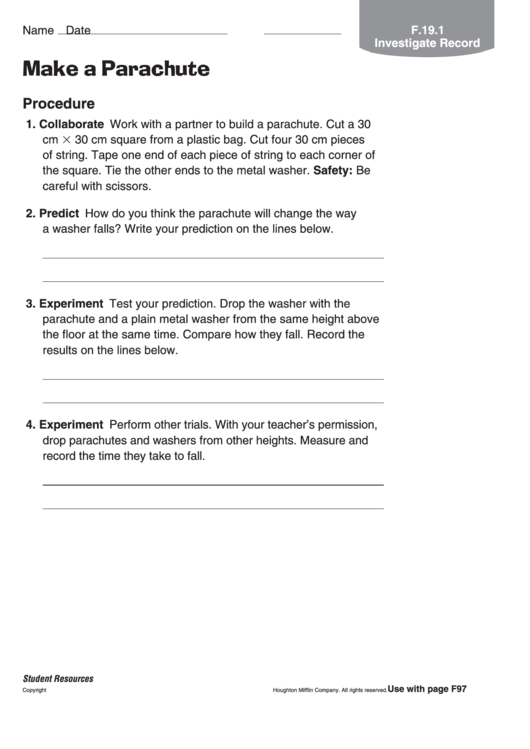 Make A Parachute Physics Worksheet printable pdf download