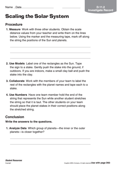 Scaling The Solar System Astronomy Worksheet printable pdf download