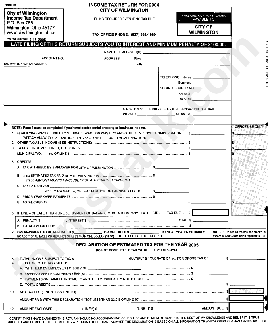 Form Ir - Income Tax Return - 2004 printable pdf download