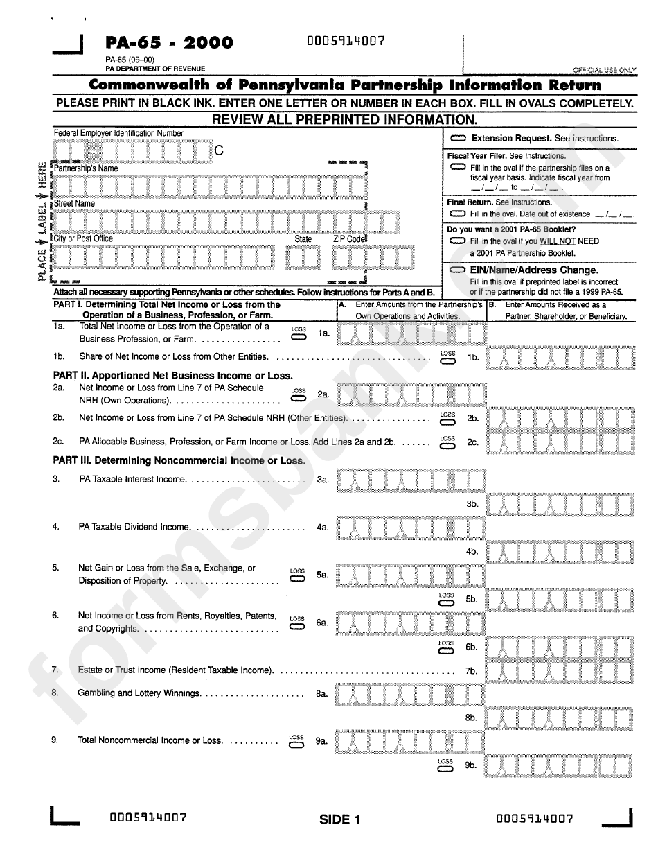 Form Pa-65 - Partnership Information Return - 2000 printable pdf download
