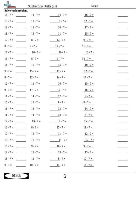 Subtraction Drills (7s) - Subtraction Worksheet With Answers printable ...