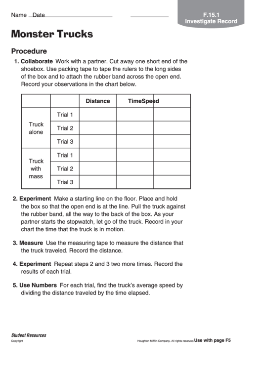 Monster Trucks Physics Worksheet printable pdf download