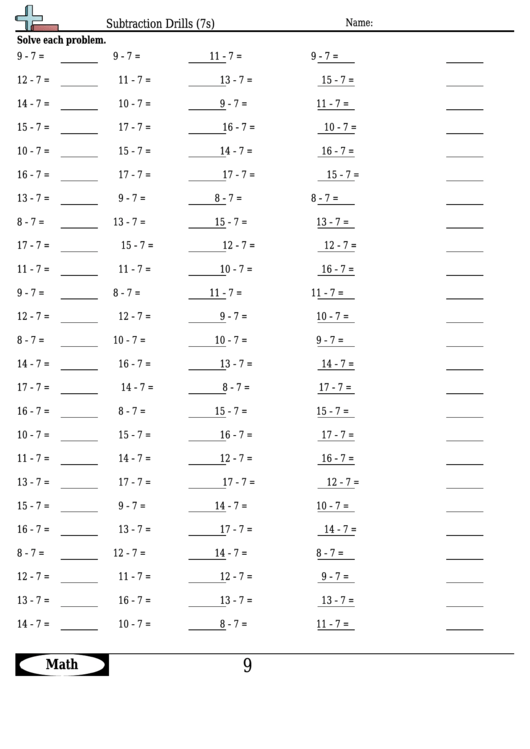 Subtraction Drills (7s) - Subtraction Worksheet With Answers printable ...