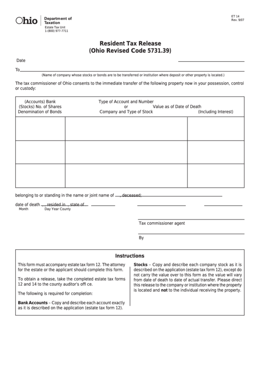 Fillable Form Et 14 - Resident Tax Release printable pdf download