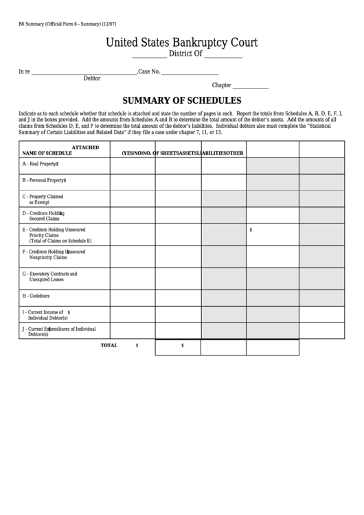 Fillable Form B6 - Summary Of Schedules printable pdf download
