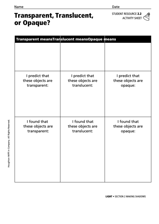 Transparent, Translucent, Or Opaque Physics Worksheet printable pdf ...
