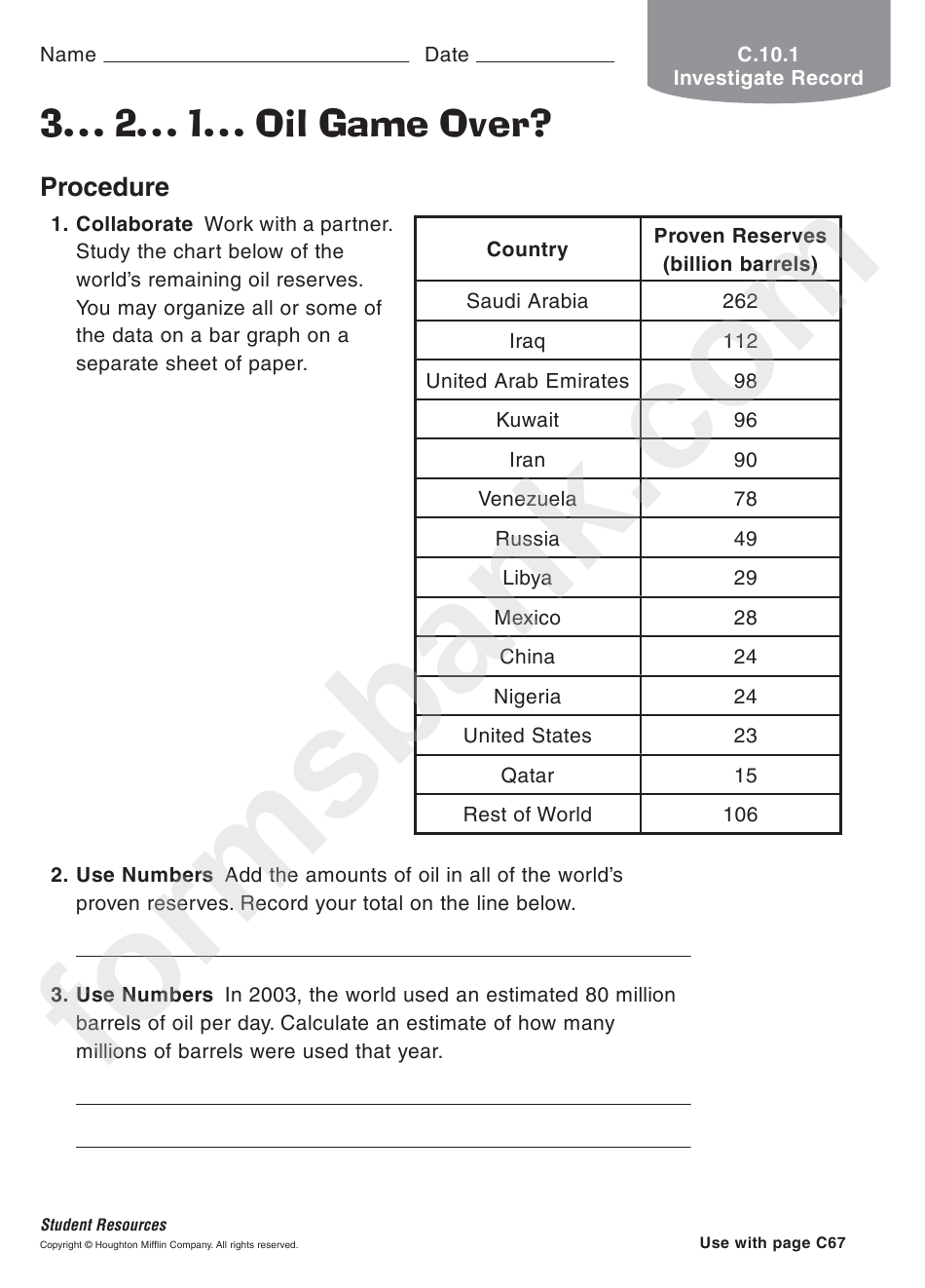 Oil Game Over Geography Worksheet printable pdf download