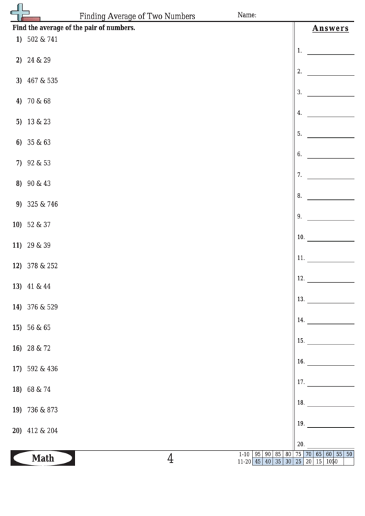 Finding Average Of Two Numbers - Math Worksheet With Answers printable ...