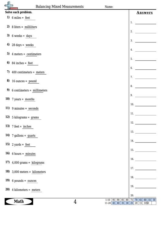 Balancing Mixed Measurements - Measurement Worksheet With Answers ...