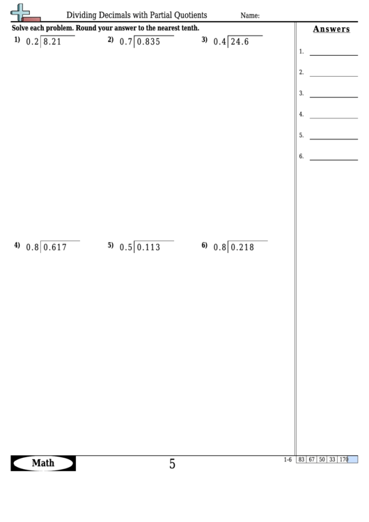 Dividing Decimals With Partial Quotients - Division Worksheet With ...