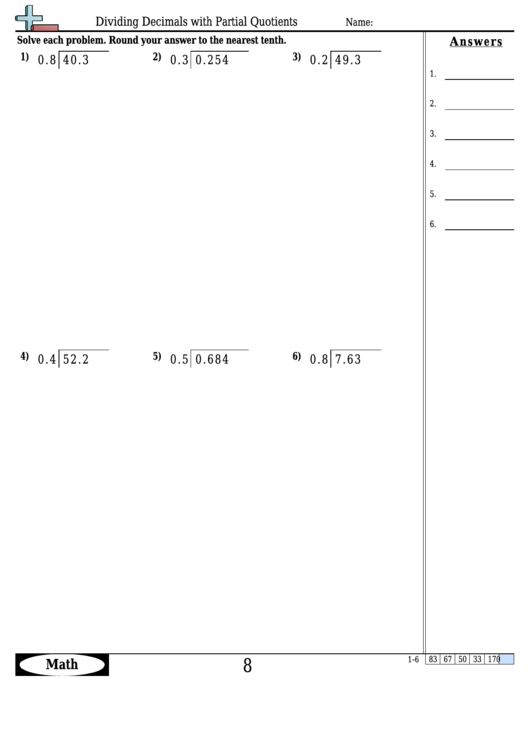 Dividing Decimals With Partial Quotients - Division Worksheet With ...
