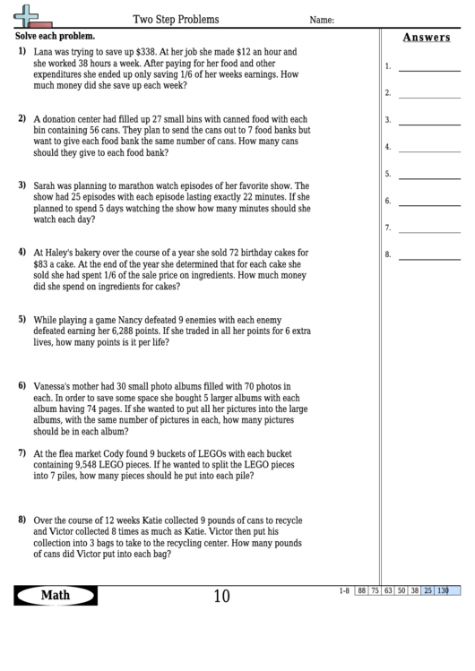Two Step Problems - Math Worksheet With Answers printable pdf download
