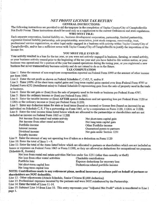 Net Profit License Tax Return Instructions printable pdf download