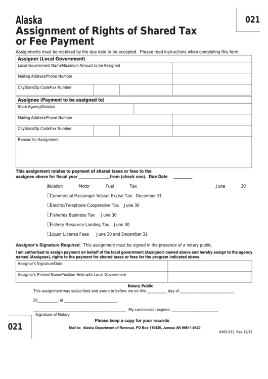 Form 0405-021 - Alaska Assignment Of Rights Of Shared Tax Or Fee ...