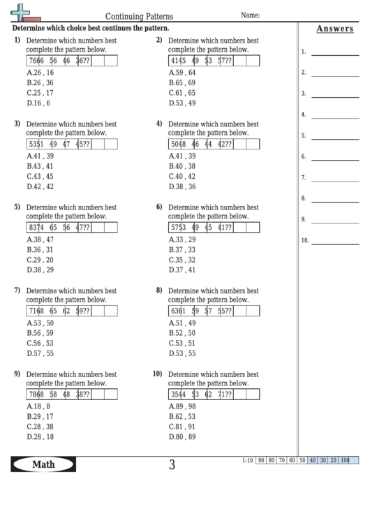 Continuing Patterns - Pattern Worksheet With Answers printable pdf download