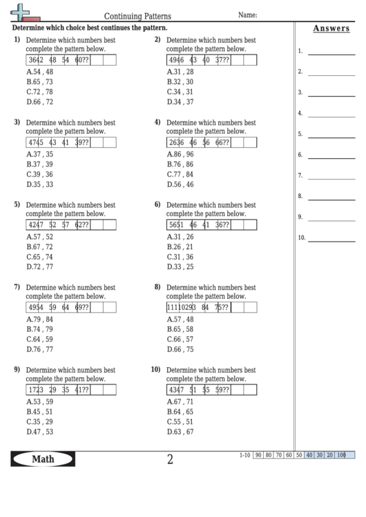 Continuing Patterns - Pattern Worksheet With Answers printable pdf download