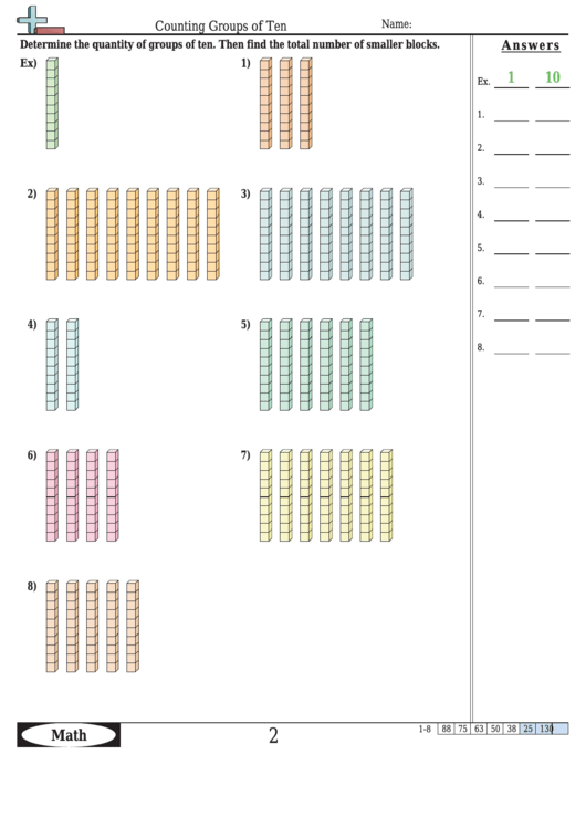 Counting Groups Of Ten - Math Worksheet With Answers printable pdf download
