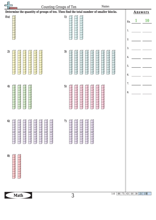 Counting Groups Of Ten - Math Worksheet With Answers printable pdf download