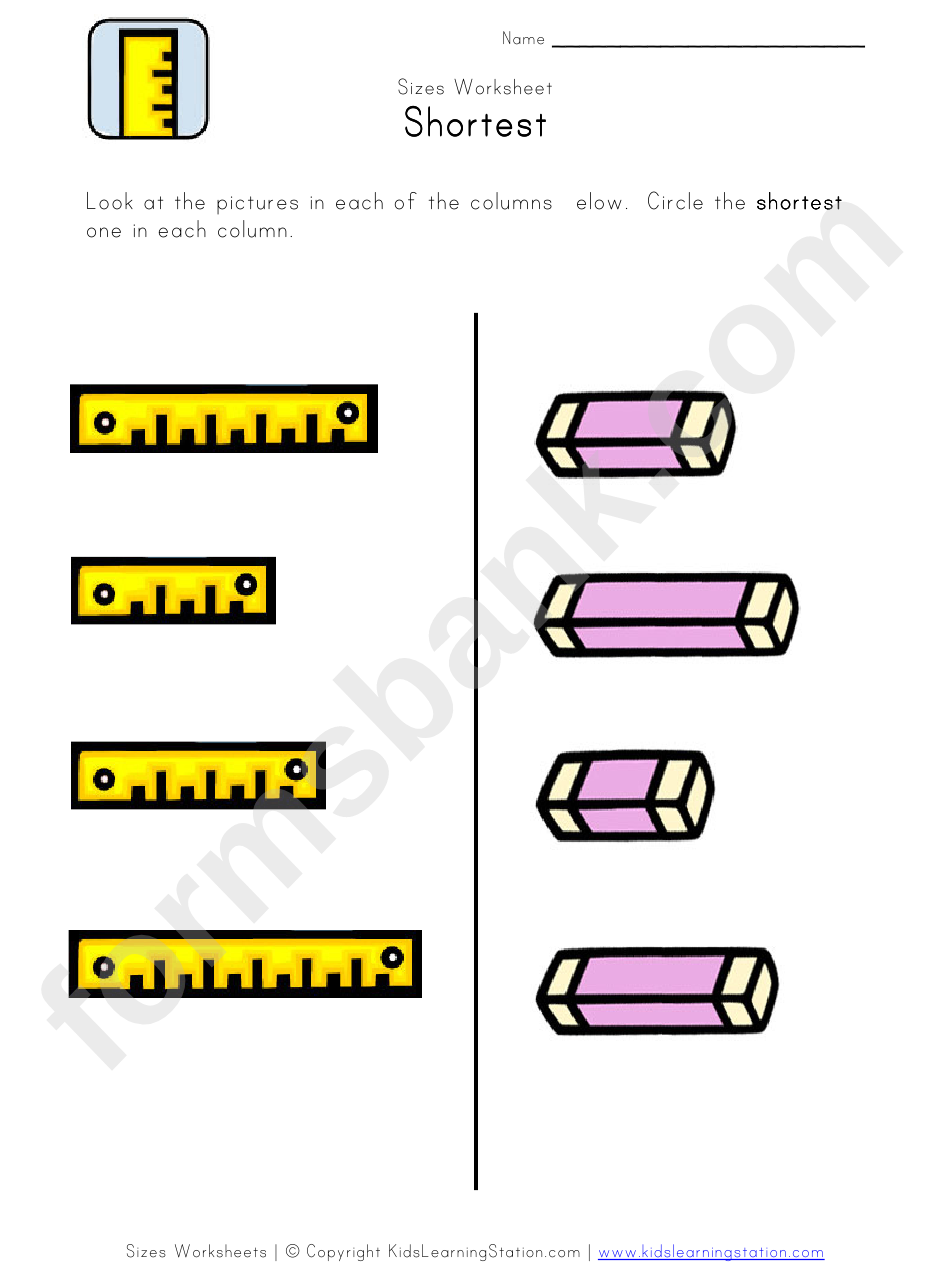 Shortest Sizes Worksheet printable pdf download