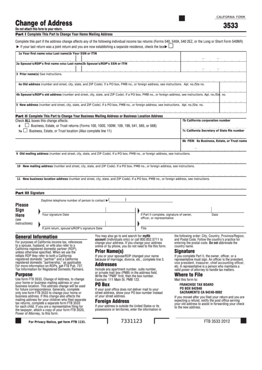 Fillable California Form 3533 Change Of Address Printable Pdf Download