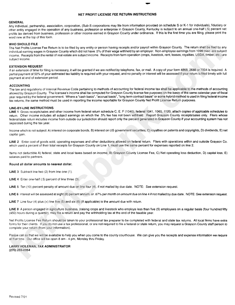 Net Profit License Fee Return Instructions printable pdf download