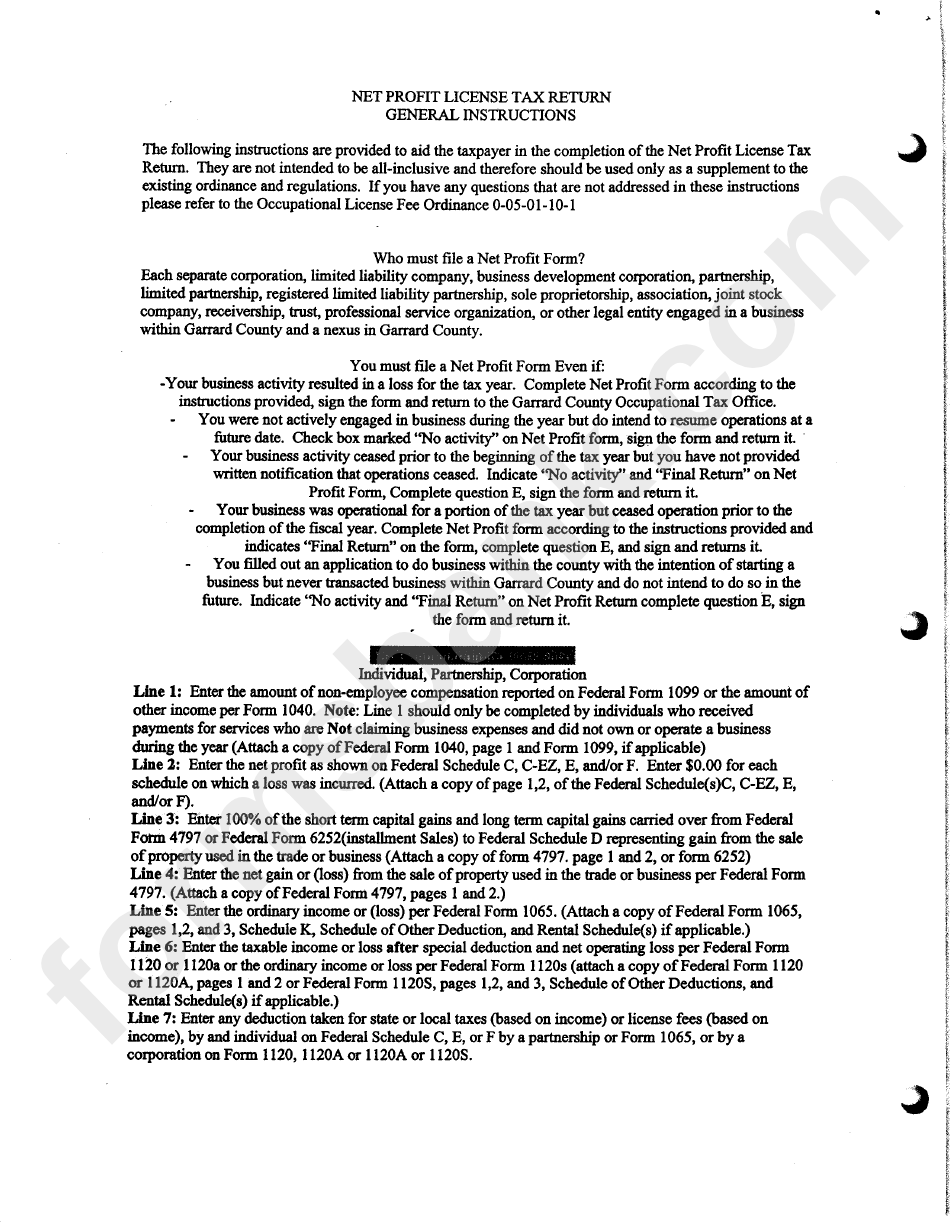 Net Profit License Tax Return Instructions printable pdf download