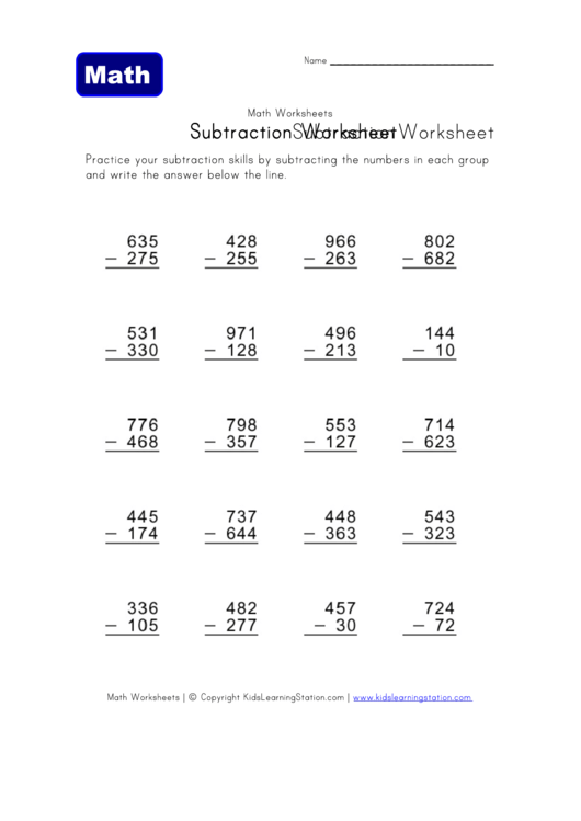 Subtraction Math Worksheet printable pdf download