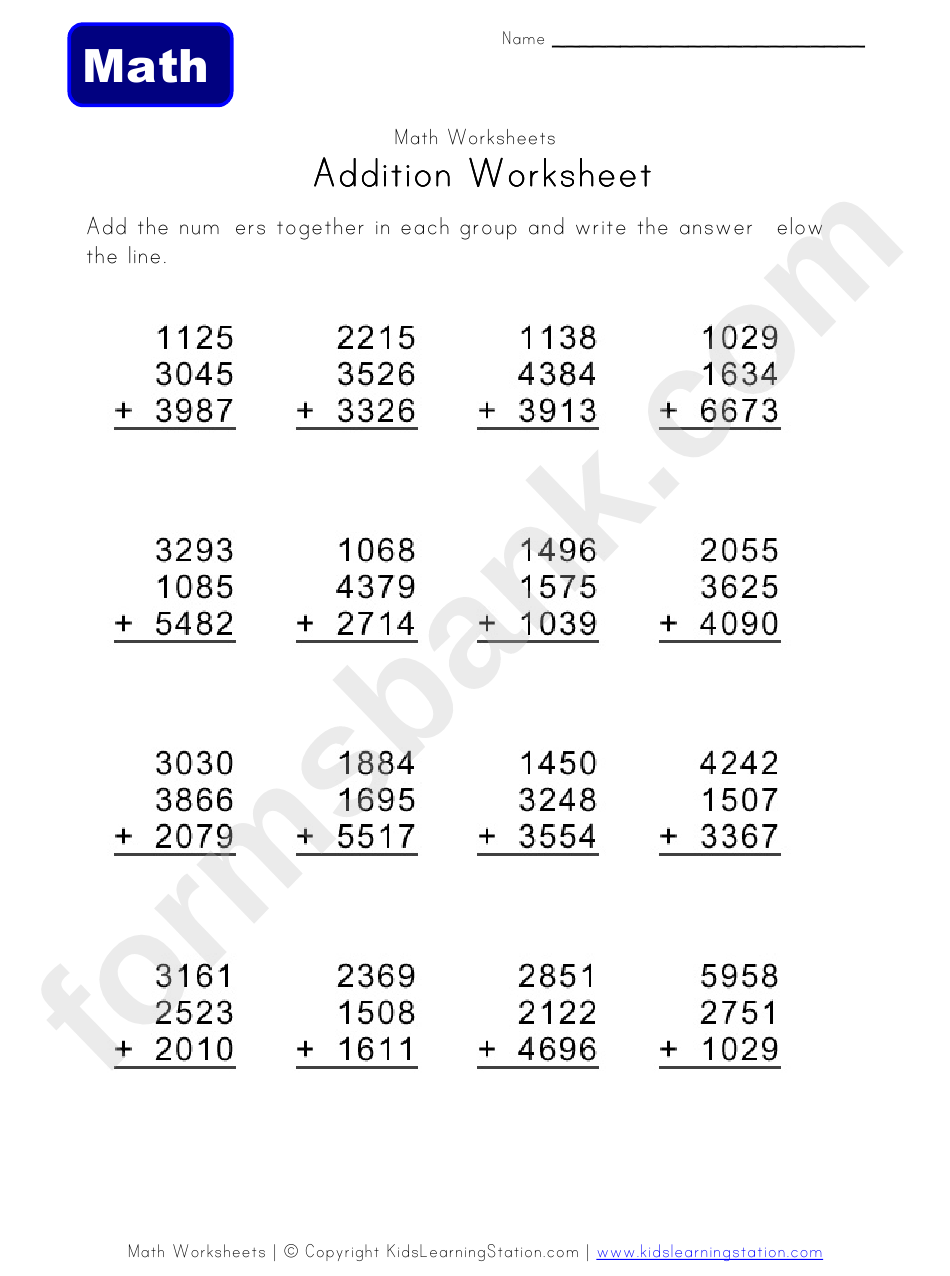 Addition Math Worksheet printable pdf download