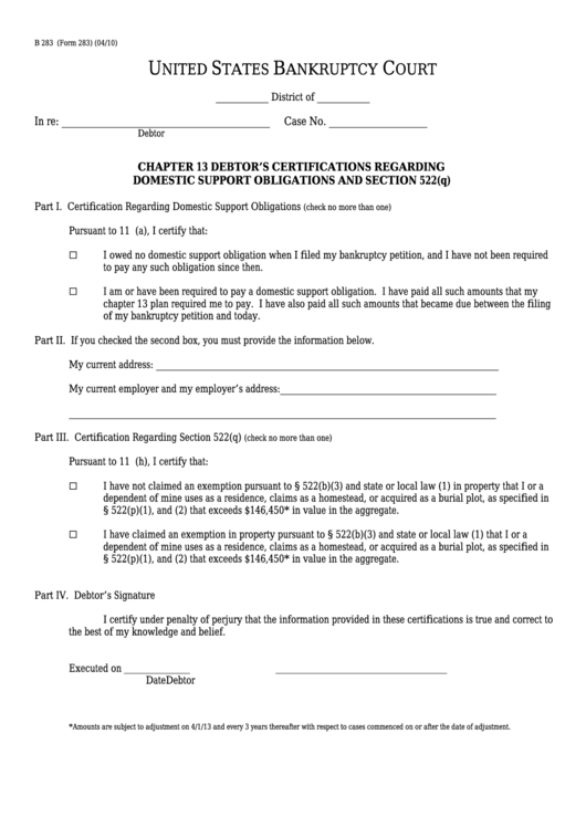 Fillable Form B 283 - Chapter 13 Debtor'S Certifications Regarding Domestic Support Obligations ...