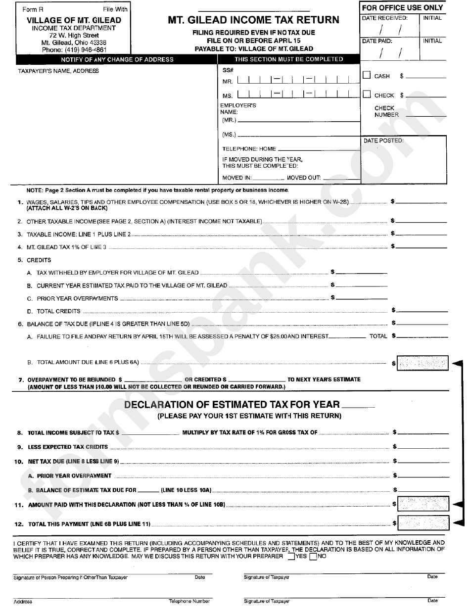 Form R - Mt. Gllead Icome Tax Return printable pdf download