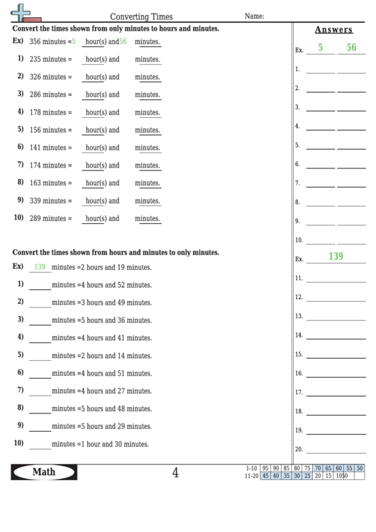 Converting Times Worksheet Template With Answer Key printable pdf download