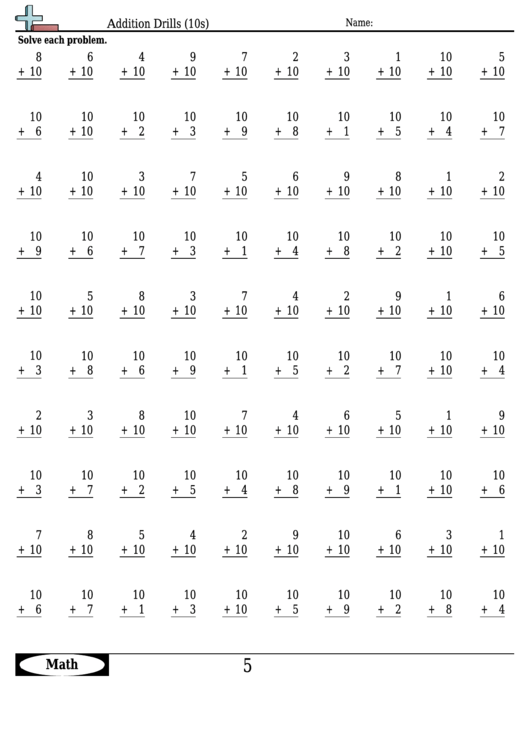 Addition Drills (10s) Worksheet Template With Answer Key printable pdf ...