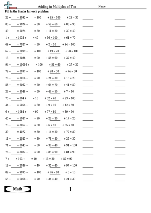 Adding To Multiples Of Ten Worksheet Template With Answer Key Printable 