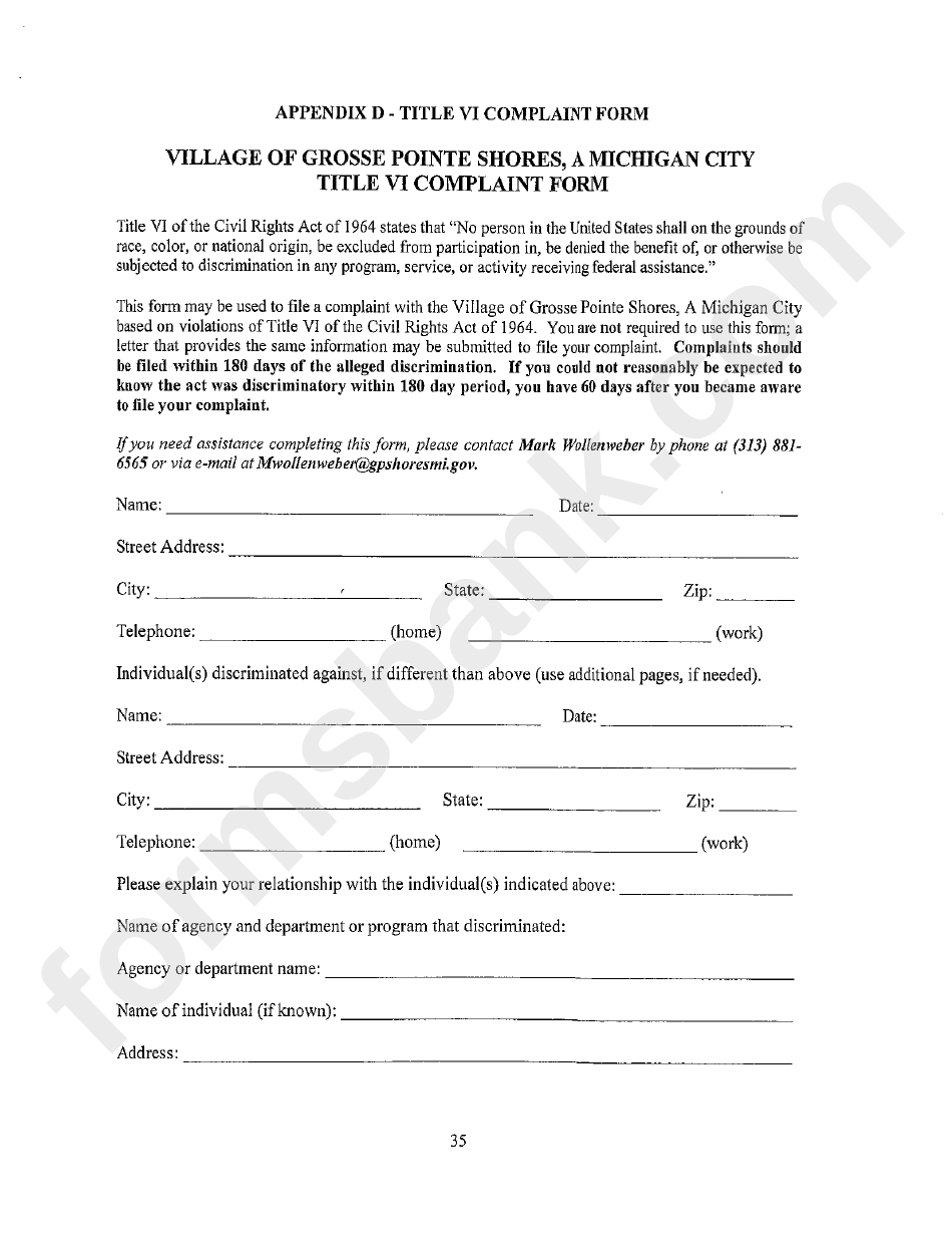 Appendix D - Title Vi Complant Form printable pdf download