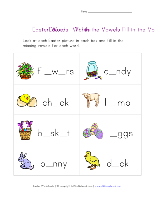 Easter Words - Fill In The Vowels Worksheet printable pdf download