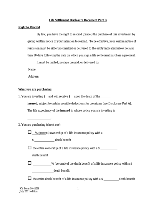 Ky Form 10:410b - Life Settlement Disclosure Document Part B printable ...