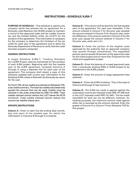 Form 41a720-S46 - Instructions For Schedule Kjra-T printable pdf download