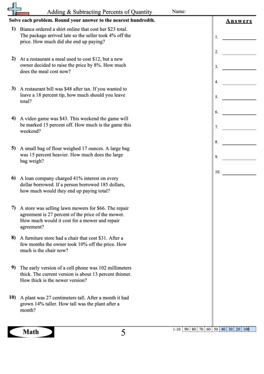 Adding Subtracting Percents Of Quantity Worksheet Template With