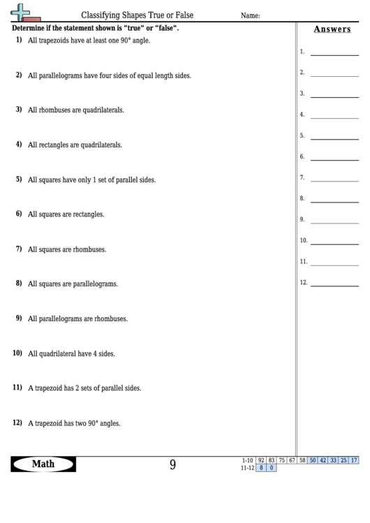 Classifying Shapes True Or False Worksheet With Answer Key printable ...