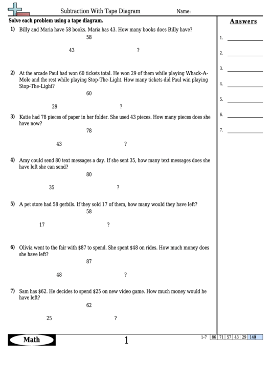 Subtraction With Tape Diagram Worksheet Template With Answer Key ...