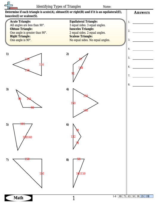 Identifying Types Of Triangles Worksheet Template With Answer Key