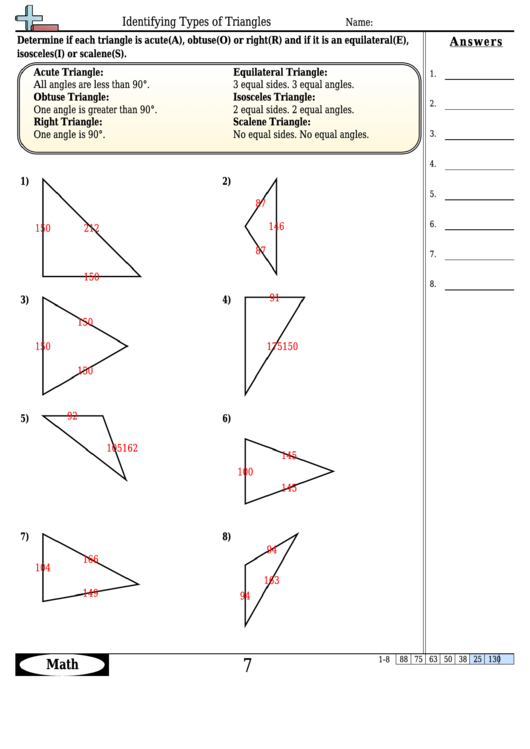 Identifying Types Of Triangles Worksheet Template With Answer Key 