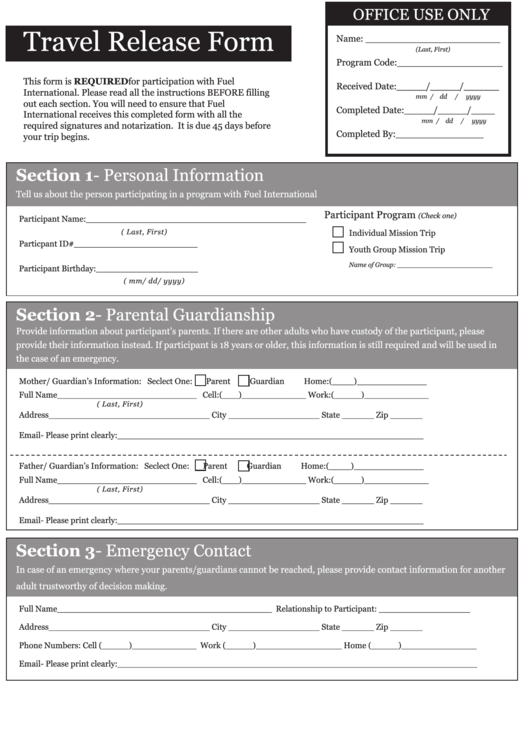 Travel Release Form printable pdf download
