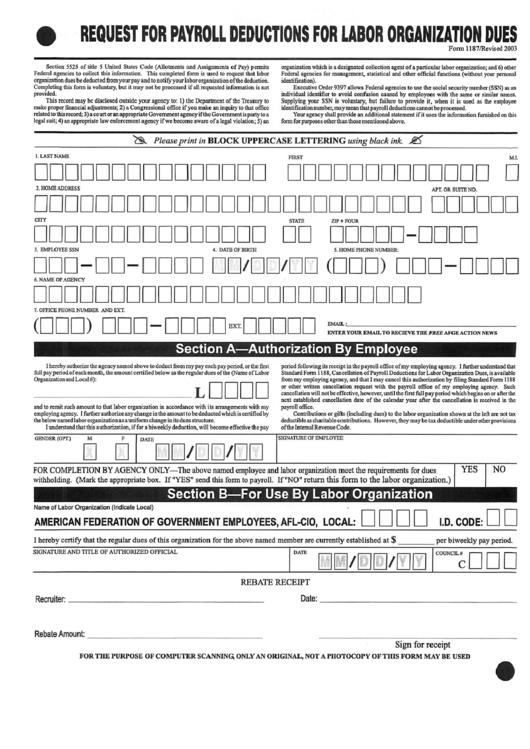 Request For Payroll Deductions For Labor Organizations Dues - American ...