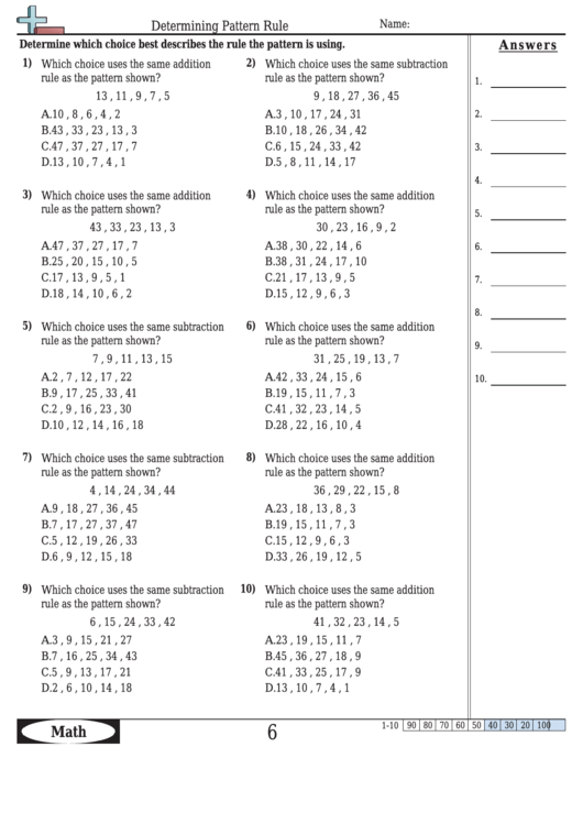 Determining Pattern Rule Worksheet Template With Answer Key Printable