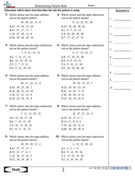Determining Pattern Rule Worksheet Template With Answer Key printable ...