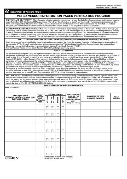 Fillable Va Form 0877 - Vetbiz Vendor Information Pages Verification ...