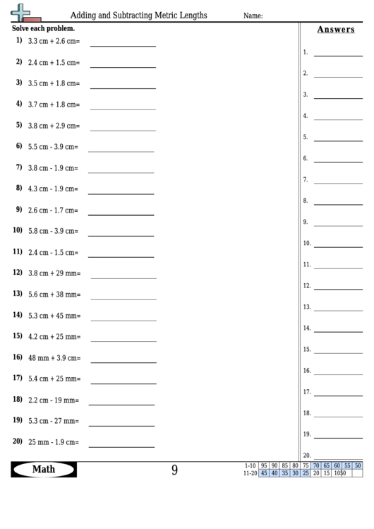 Adding And Subtracting Metric Lengths Worksheet Template With Answer ...